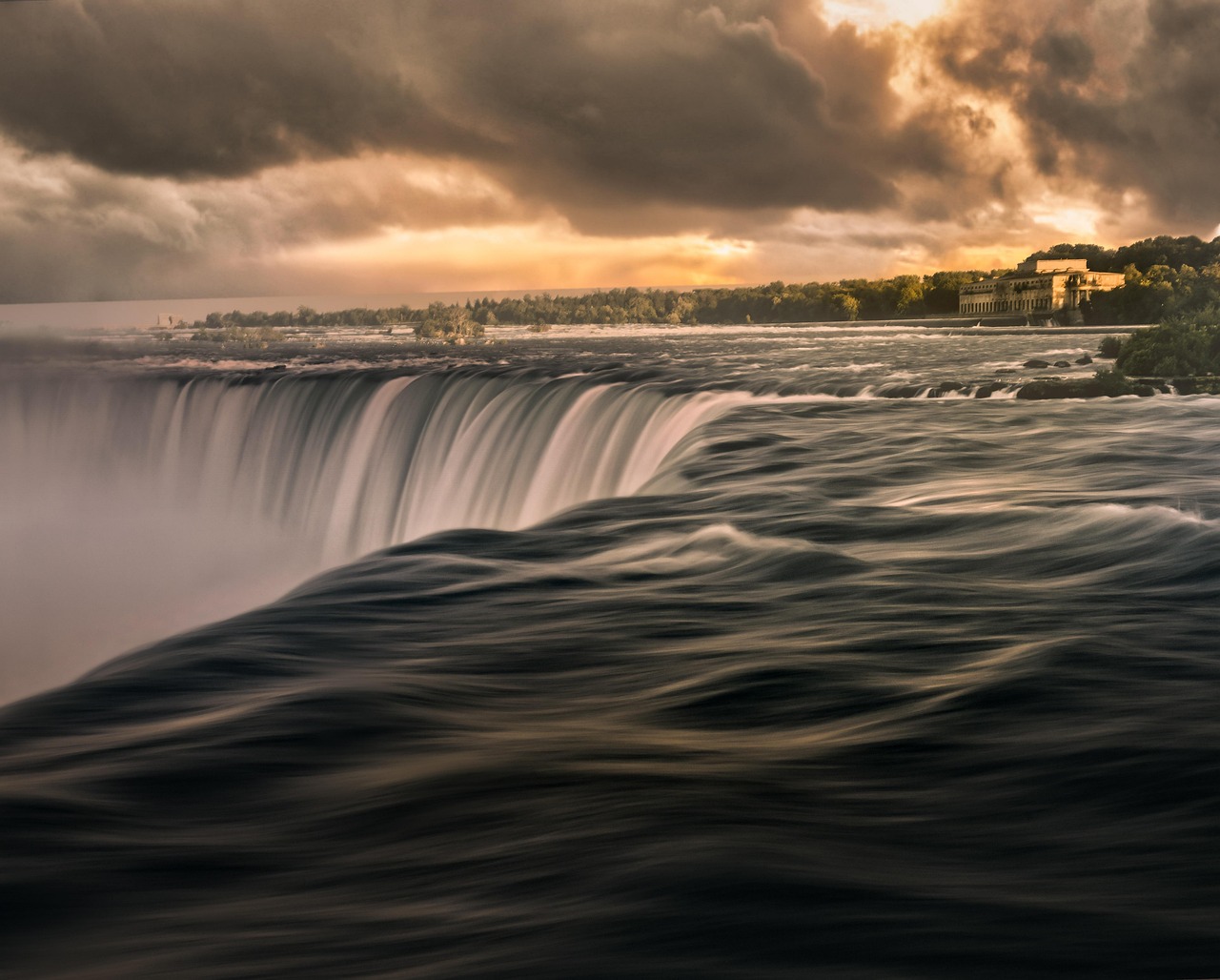 Sunset And Waterfall Wallpaper