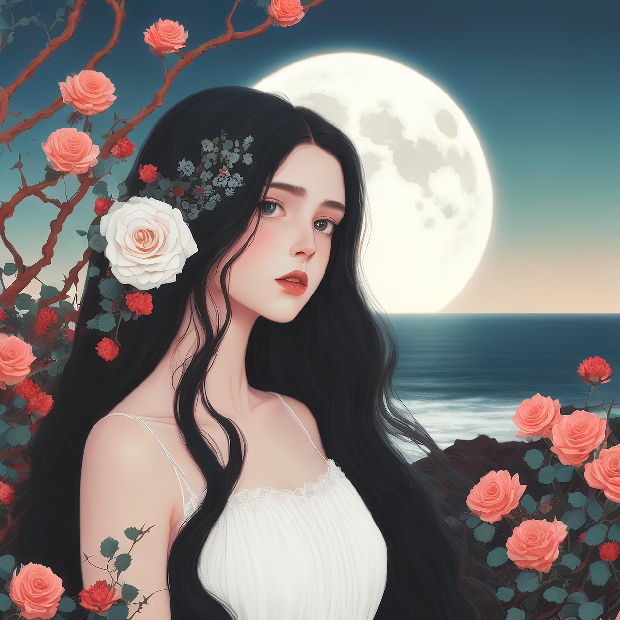 Download Woman, Moon, Roses. Royalty-Free Stock Illustration Image ...