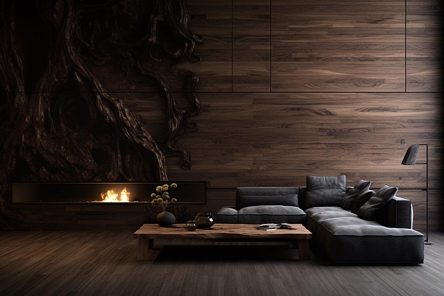 Download Dark Living Room, Wood Walls, Fireplace. Royalty-Free Stock ...