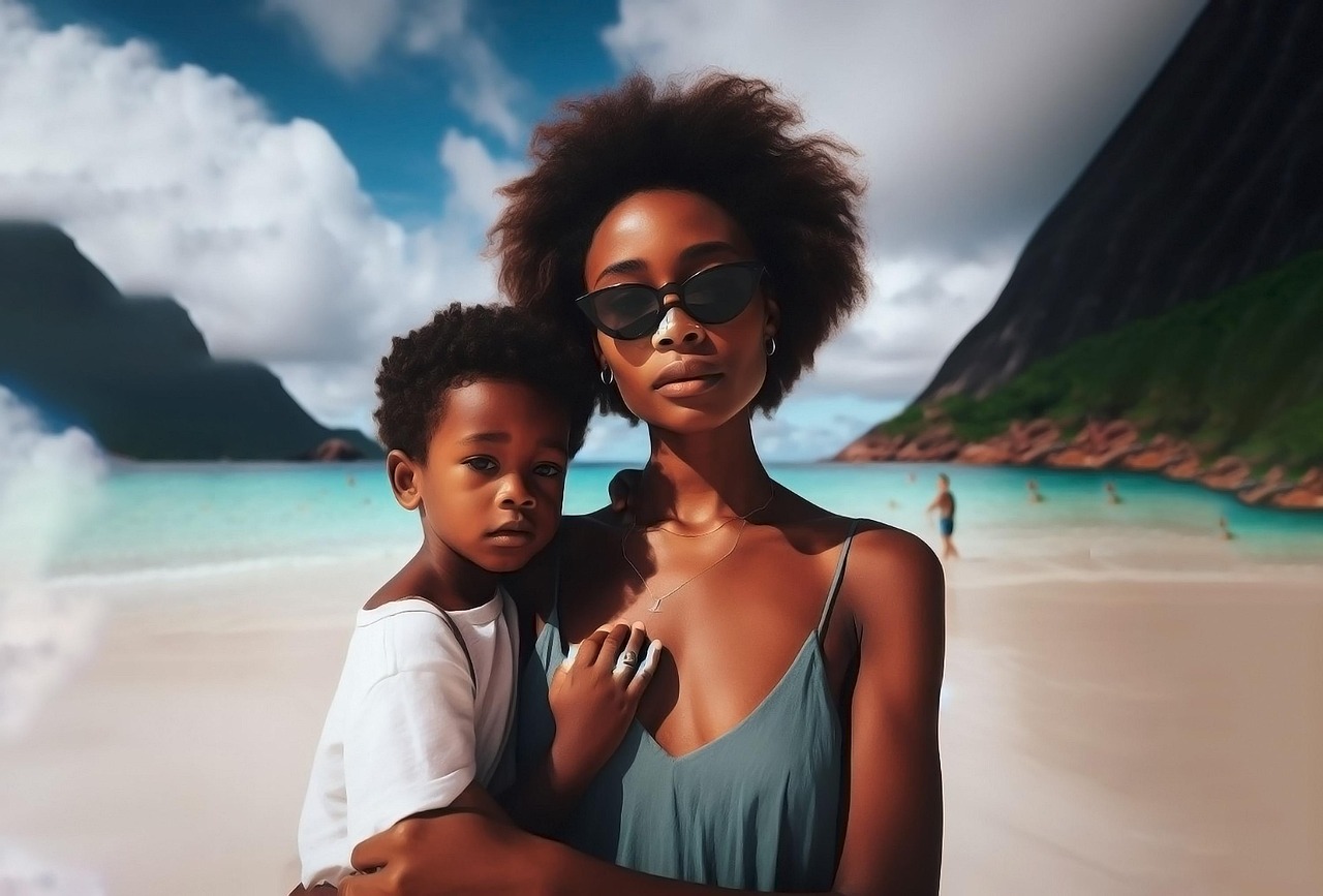 Download Ai Generated Mother And Son Beach Royalty Free Stock