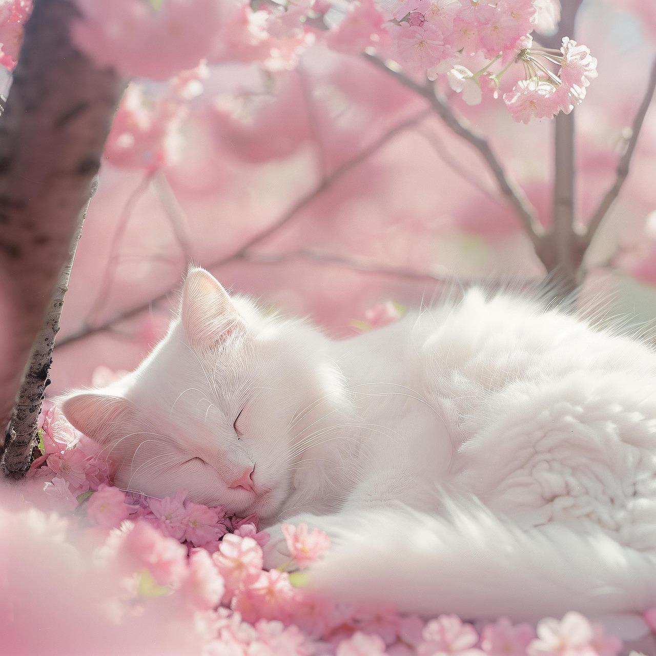 Gato Entre Flores De Cerezo Fondo Una Imagen Serena De Un Gato En