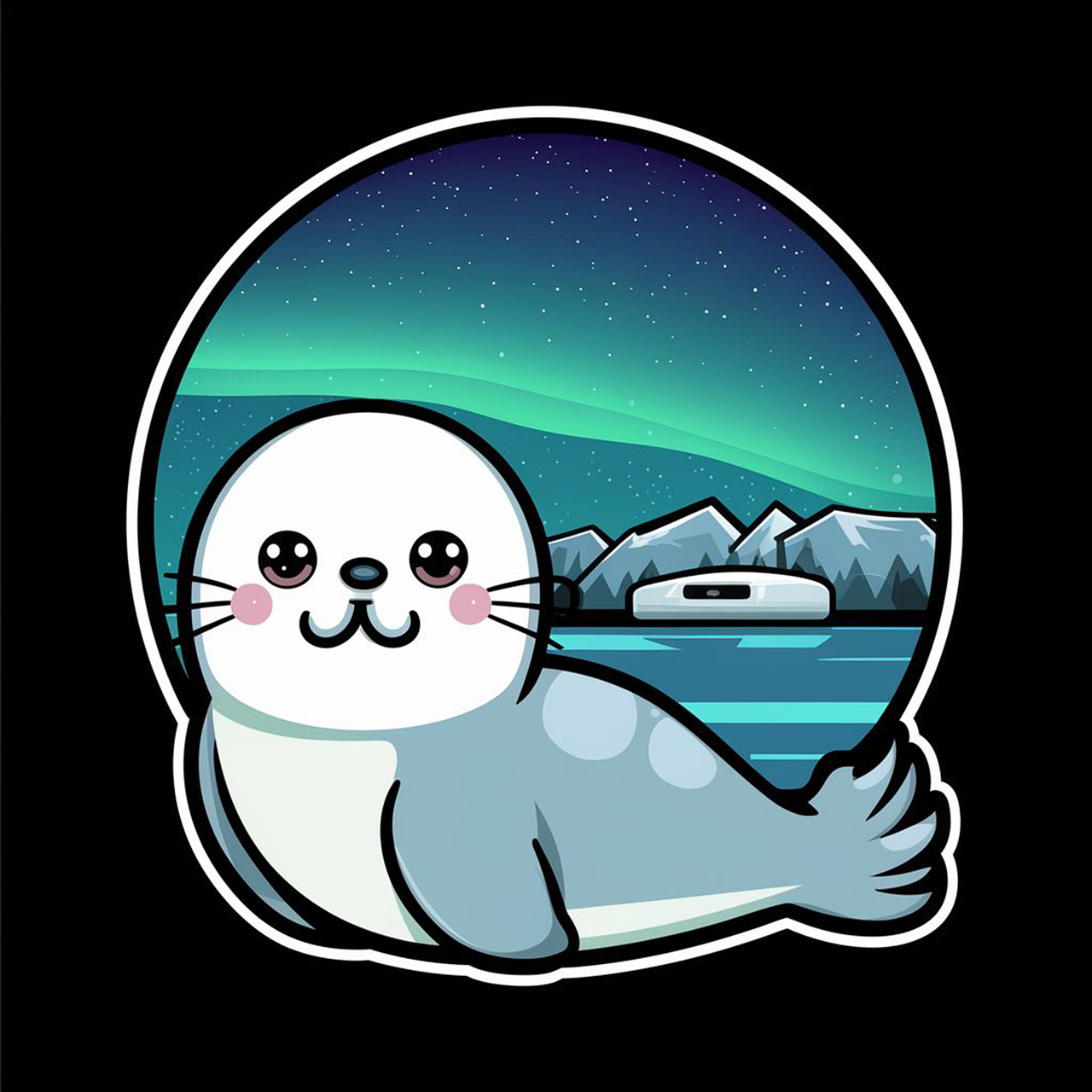 Download Cartoon Seal, Aurora Borealis, Snowy Mountains. Royalty-Free ...