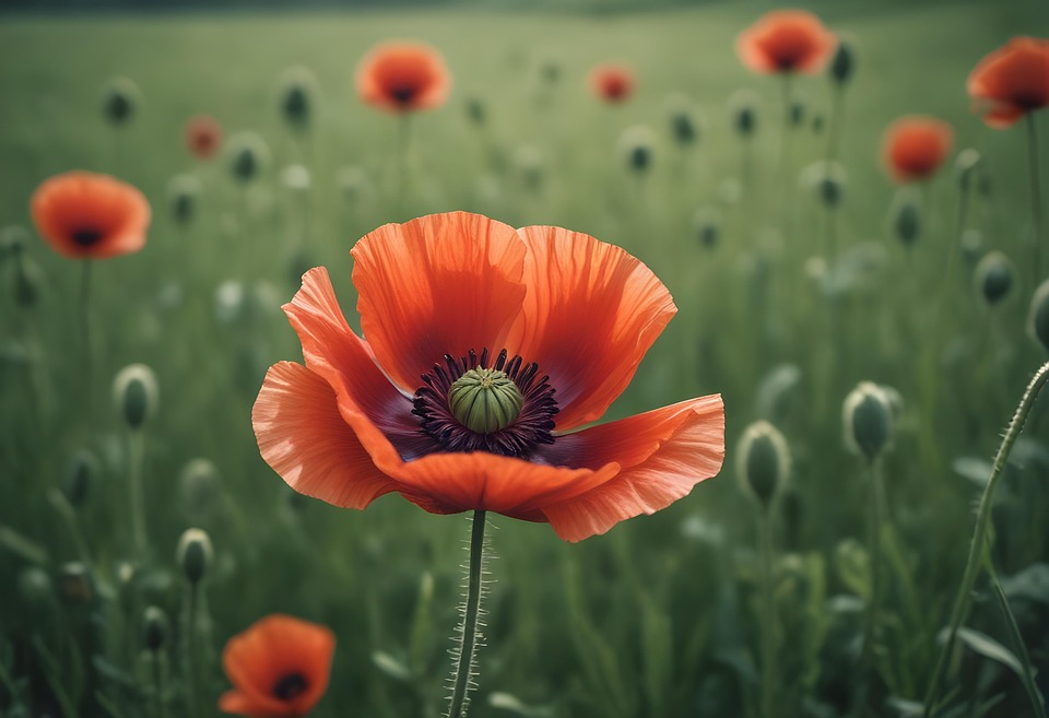 Download Vibrant Red Poppy Flower, Lush Green Field, Nature. Royalty ...