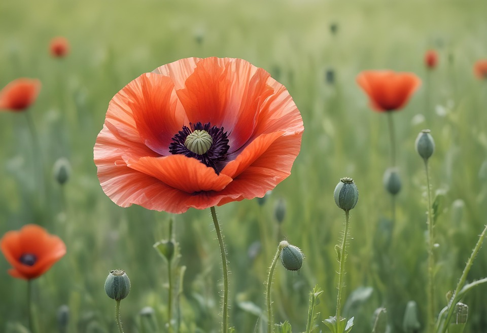 Download Vibrant Red Poppy Flower, Lush Green Field, Nature. Royalty ...