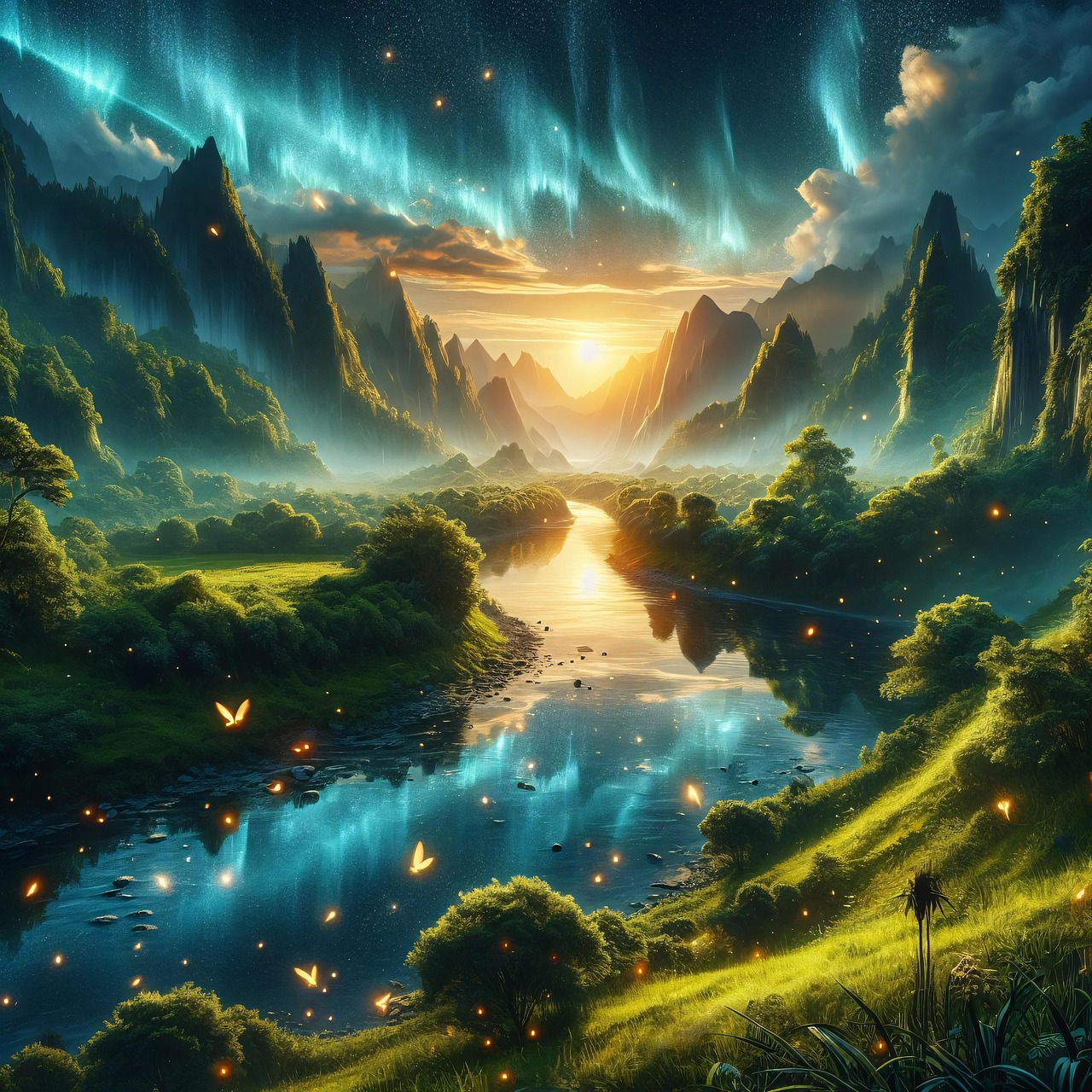 Download Fireflies, River, Fantasy. Royalty-Free Stock Illustration ...