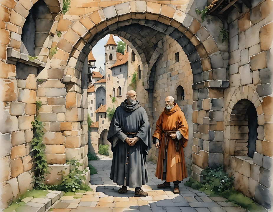 Download Monks, City Gate, City Wall. Royalty-Free Stock Illustration ...