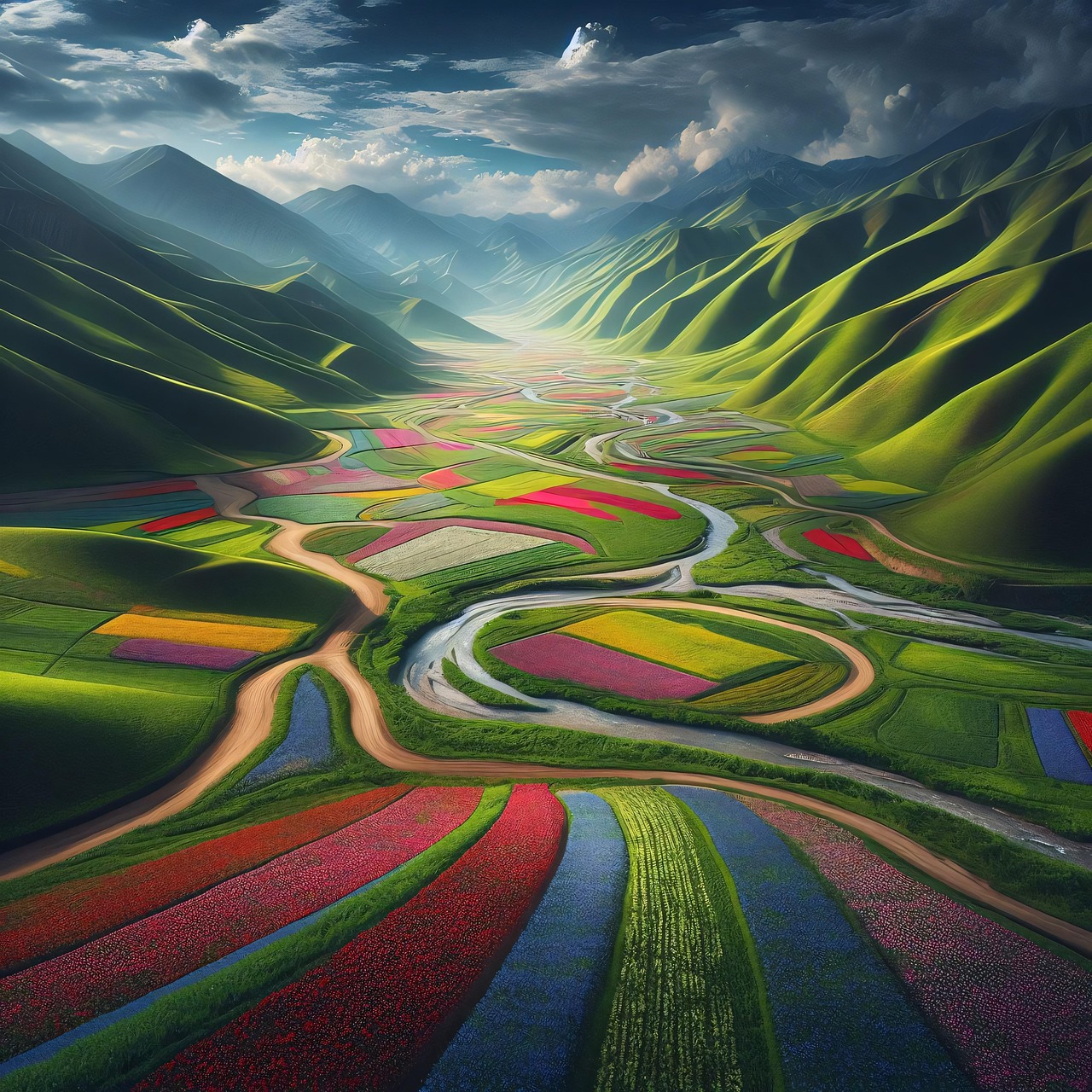Download Ai Generated, Mountains, Flower Fields. Royalty-Free Stock ...