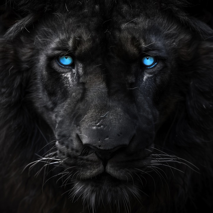 Download Close-Up, Intimidating Male Black Lion, Piercing Blue Eyes ...