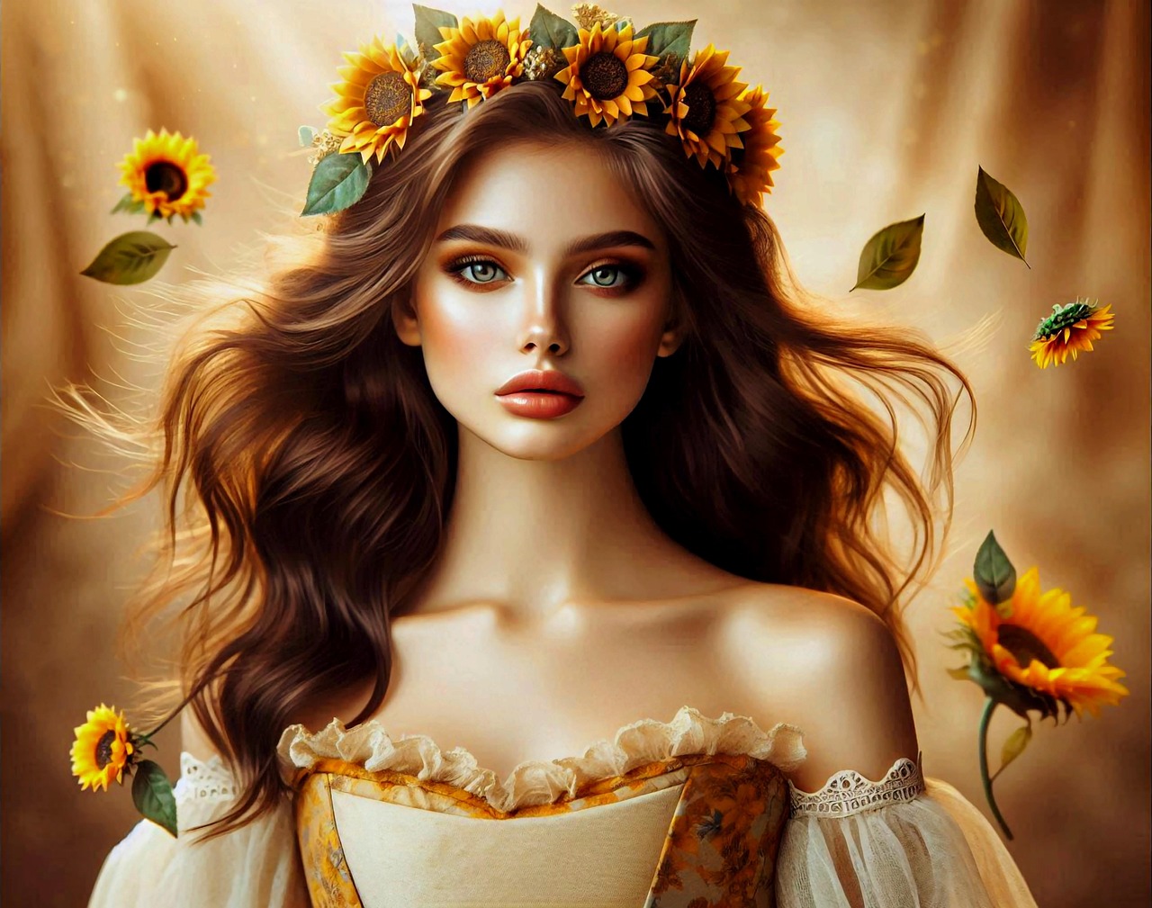 Download Woman, Sunflower Crown, Brown Hair. Royalty-Free Stock ...