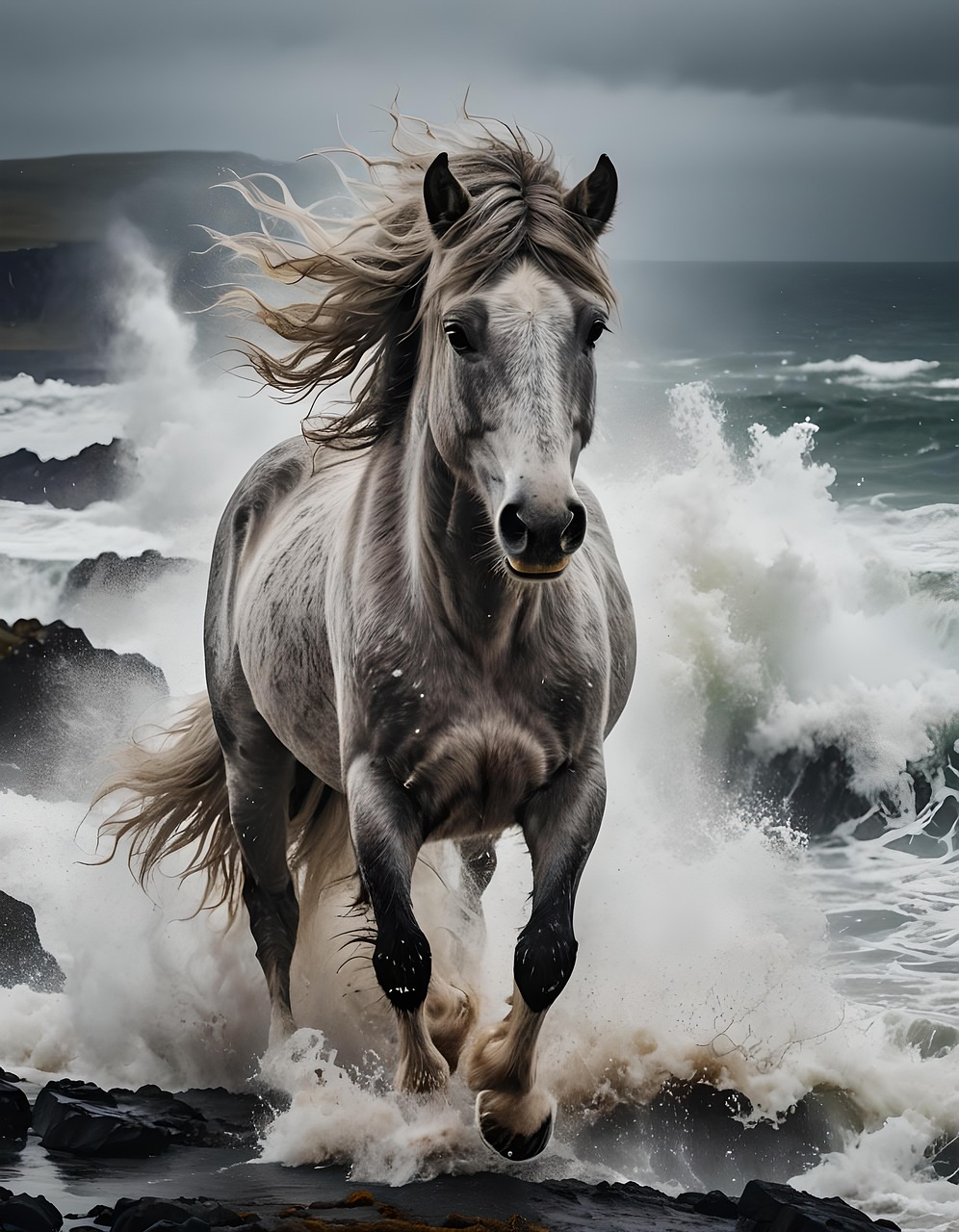 Animales De Caballos Y Olas El Agua, Vital Para Los Caballos En Verano