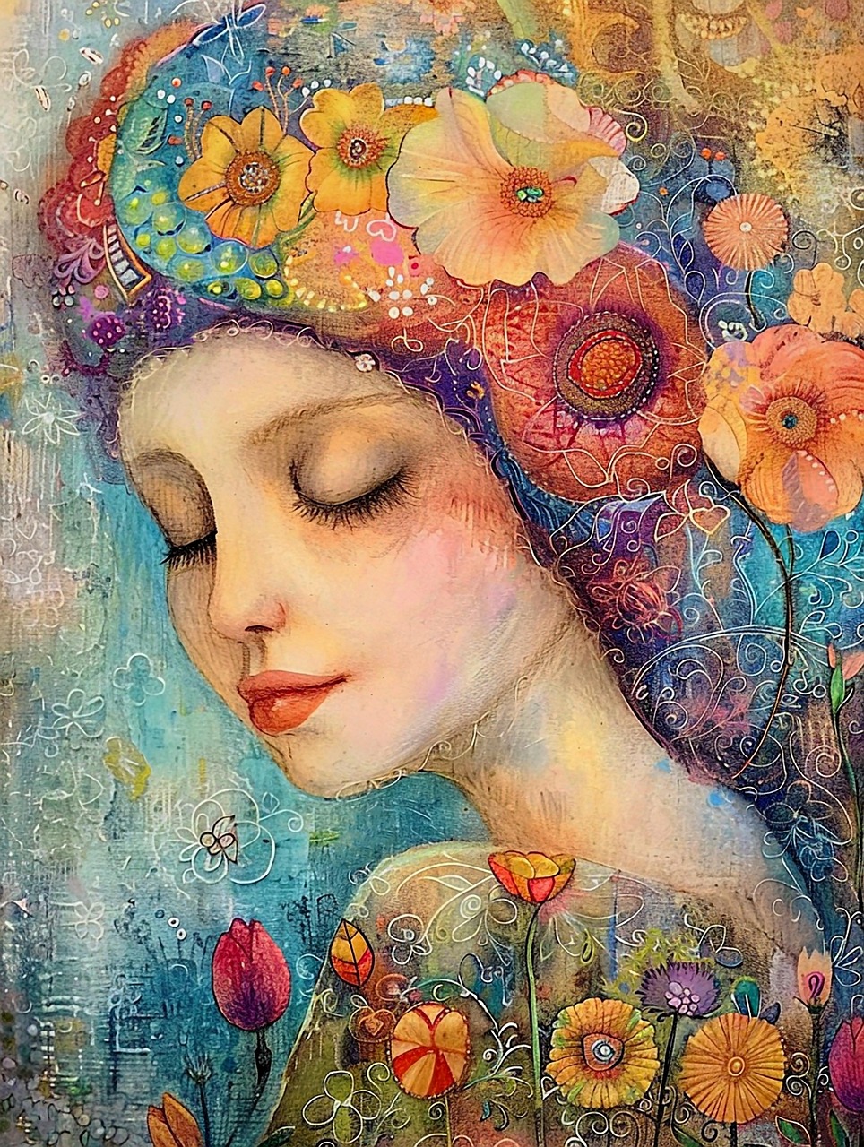 Download Serene Woman, Peaceful Expression, Colorful Flowers. Royalty ...