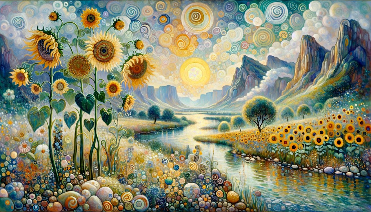 Download Surreal Landscape, Sunflowers, Winding River. Royalty-Free ...