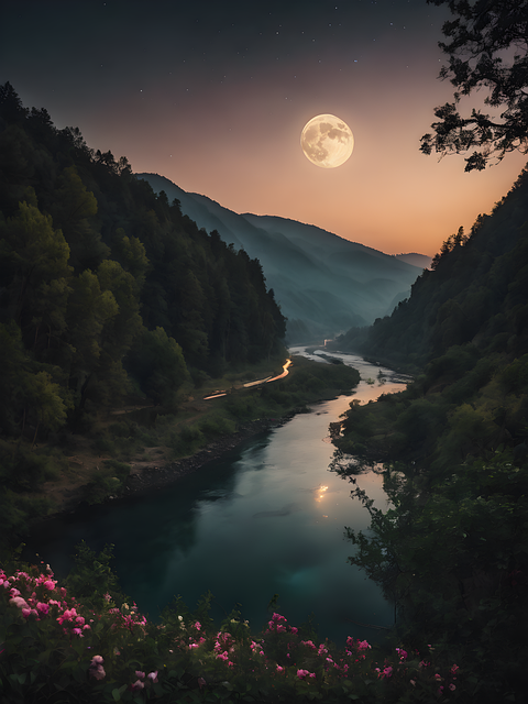 Download River, Full Moon, Flowers. Royalty-Free Stock Illustration ...