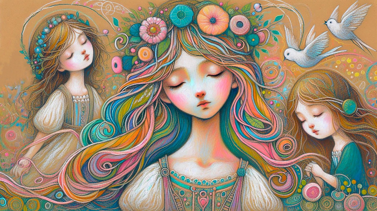 Download Whimsical Art, Serene Girls, Multicolored Hair. Royalty-Free ...