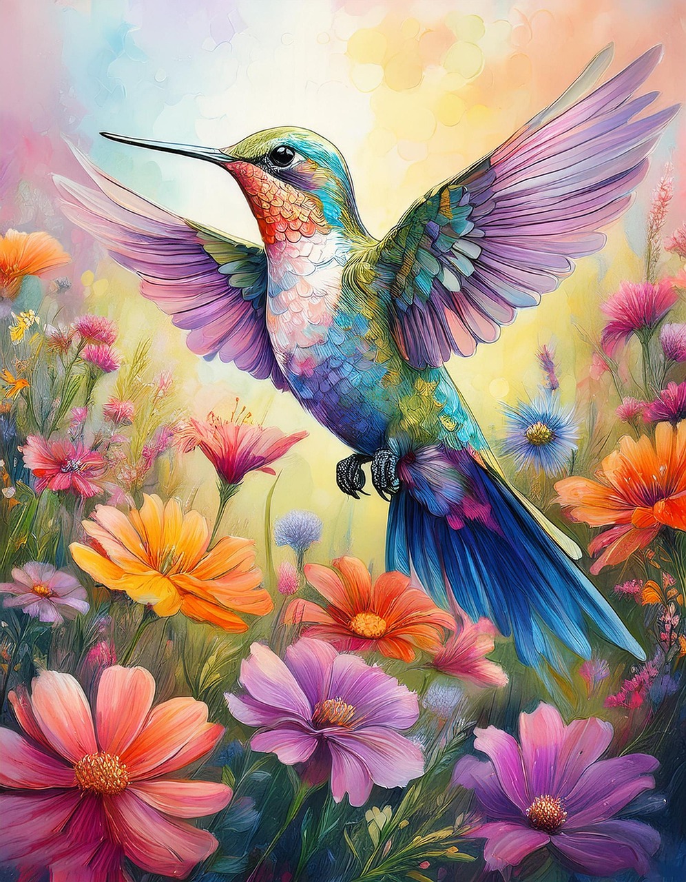 Download Pastel Painting, Hummingbird, Among Colorful Wildflowers ...