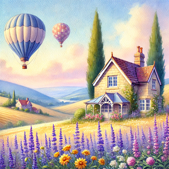 Download Cottage, Countryside, Hot Air Balloons. Royalty-Free Stock ...