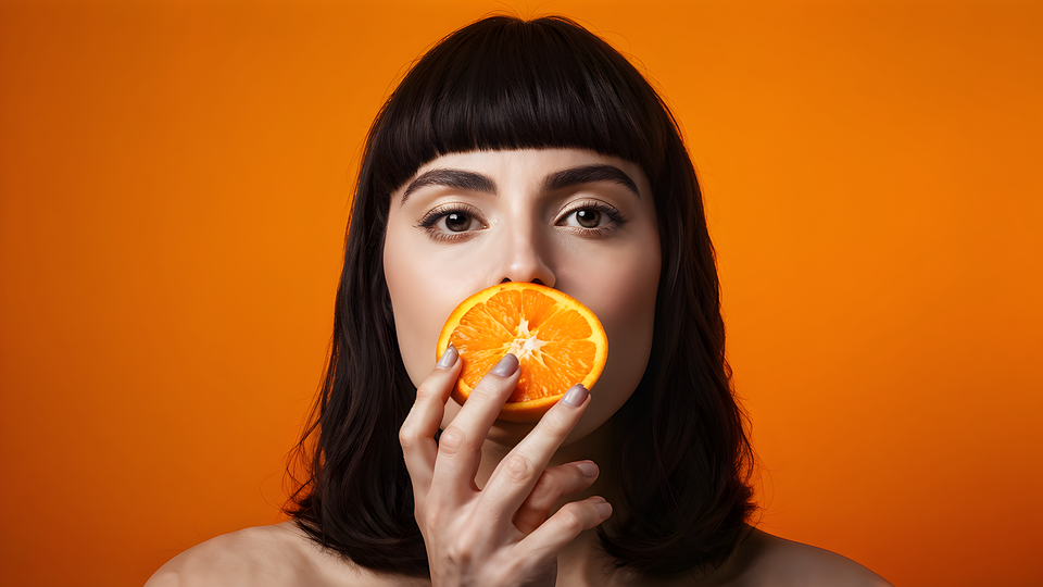 Download Woman Holding Orange, Deep Breaths, Enjoying Orange Smell ...