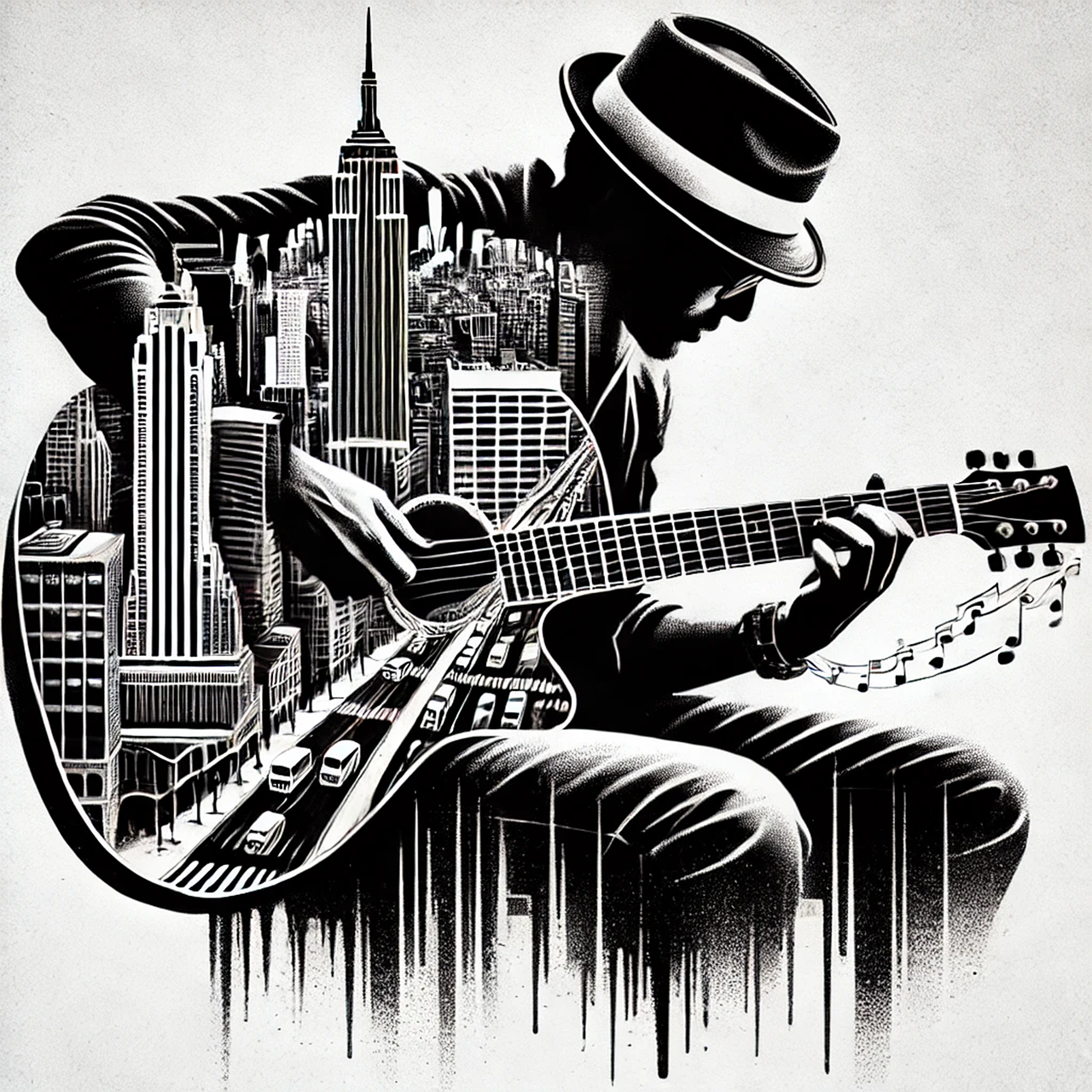 Download Urban-Guitarist, Cityscape-Music-Art, Black-And-White-Artwork ...