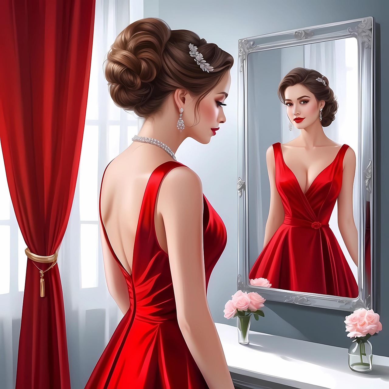 Download Lady In Red, Red Dress, Realistic Illustration. Royalty-Free ...