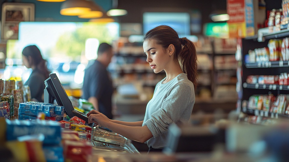 Download Woman, Working, Convenience Store. Royalty-Free Stock ...