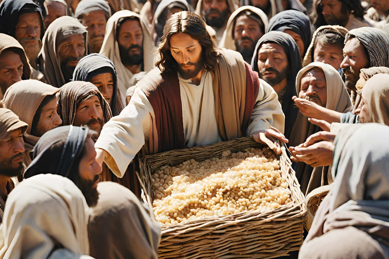 Download Jesus Feeds The Five Thousand, Miracle Of Loaves And Fishes, Divine Provision. Royalty ...