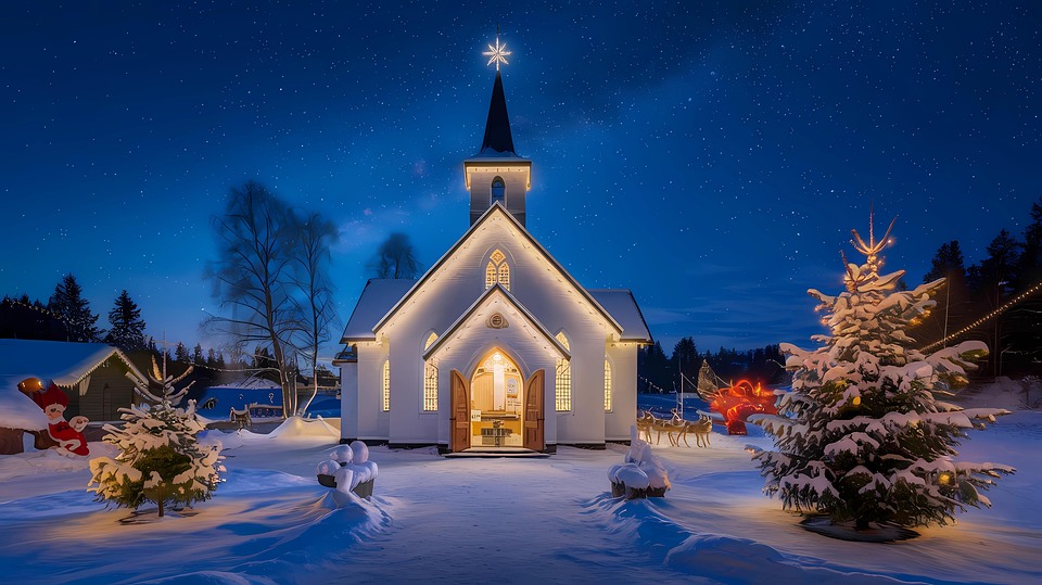 Download Winter Christmas Church, Snowy Christmas Night Scene, Winter ...