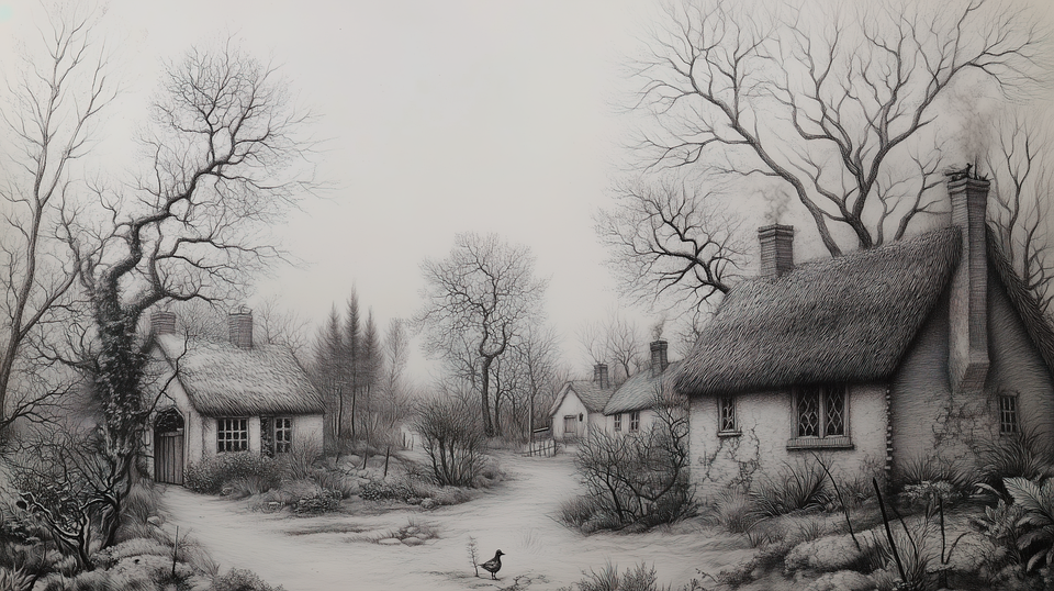 Download Vintage Village Drawing, Pen And Ink Sketch, 1940S Art Style ...