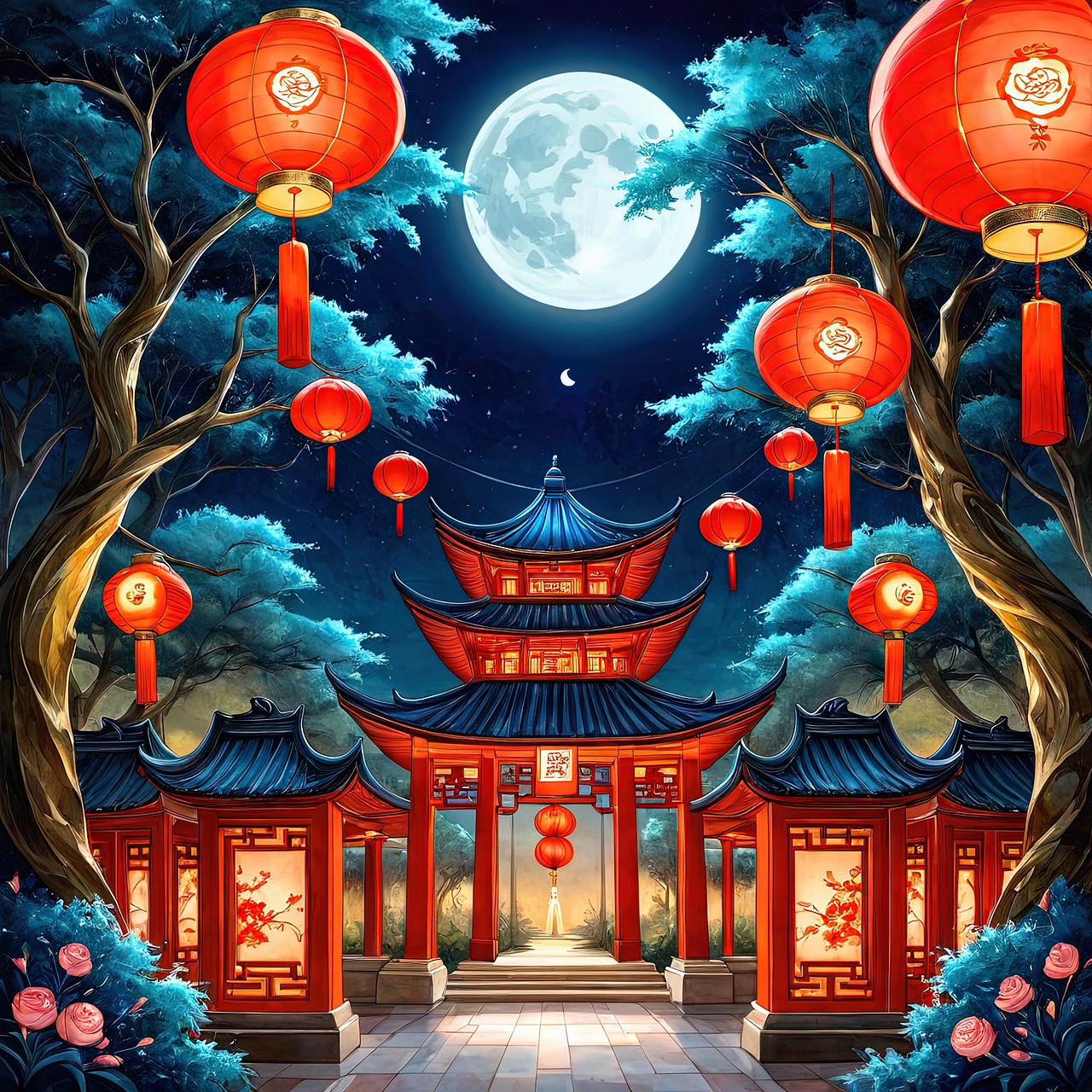 Download Chinese Temple, Red Lanterns, Full Moon. Royalty-Free Stock ...