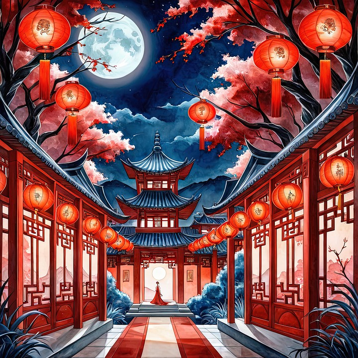Download Chinese Temple, Red Lanterns, Full Moon Night. Royalty-Free ...