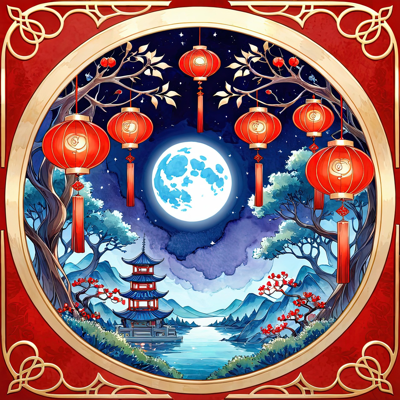 Download Full Moon, Chinese Pagoda, Red Lanterns. Royalty-Free Stock ...