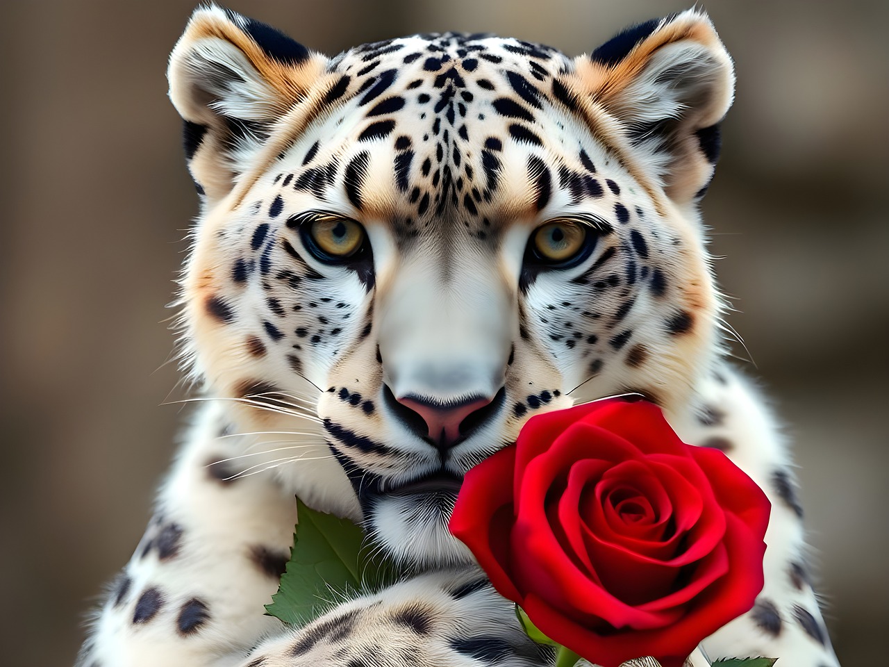 Snow Leopard Holding Red Rose Wild - Free photo on Pixabay