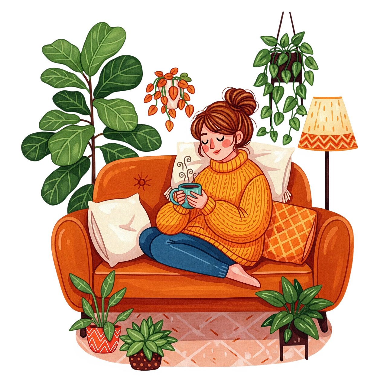 Download Cozy Indoor Illustration, Relaxing At Home, Cartoon Girl ...