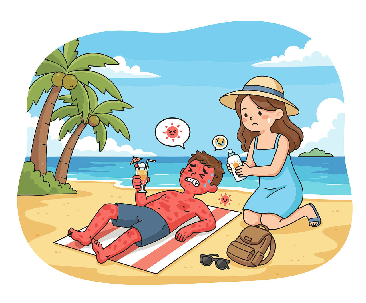 Download Cartoon Beach, Sunburn Man, Woman With Sunscreen. Royalty-Free ...