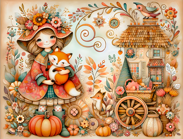 Download Whimsical Girl, Autumn Illustration, Fox Companion. Royalty ...