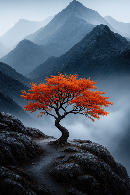Download Lonely Tree, Orange Foliage, Misty Mountains. Royalty-Free ...