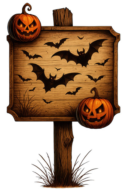 Download Halloween Sign, Wooden Board, Pumpkins And Bats. Royalty-Free ...