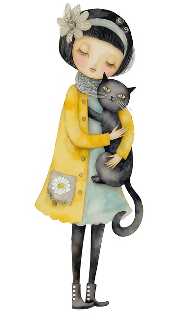 Download Whimsical Illustration, Watercolor Art, Girl With Cat. Royalty ...