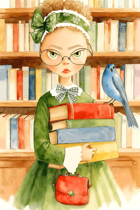 Download Whimsical Girl, Library Scene, Vintage Books. Royalty-Free ...