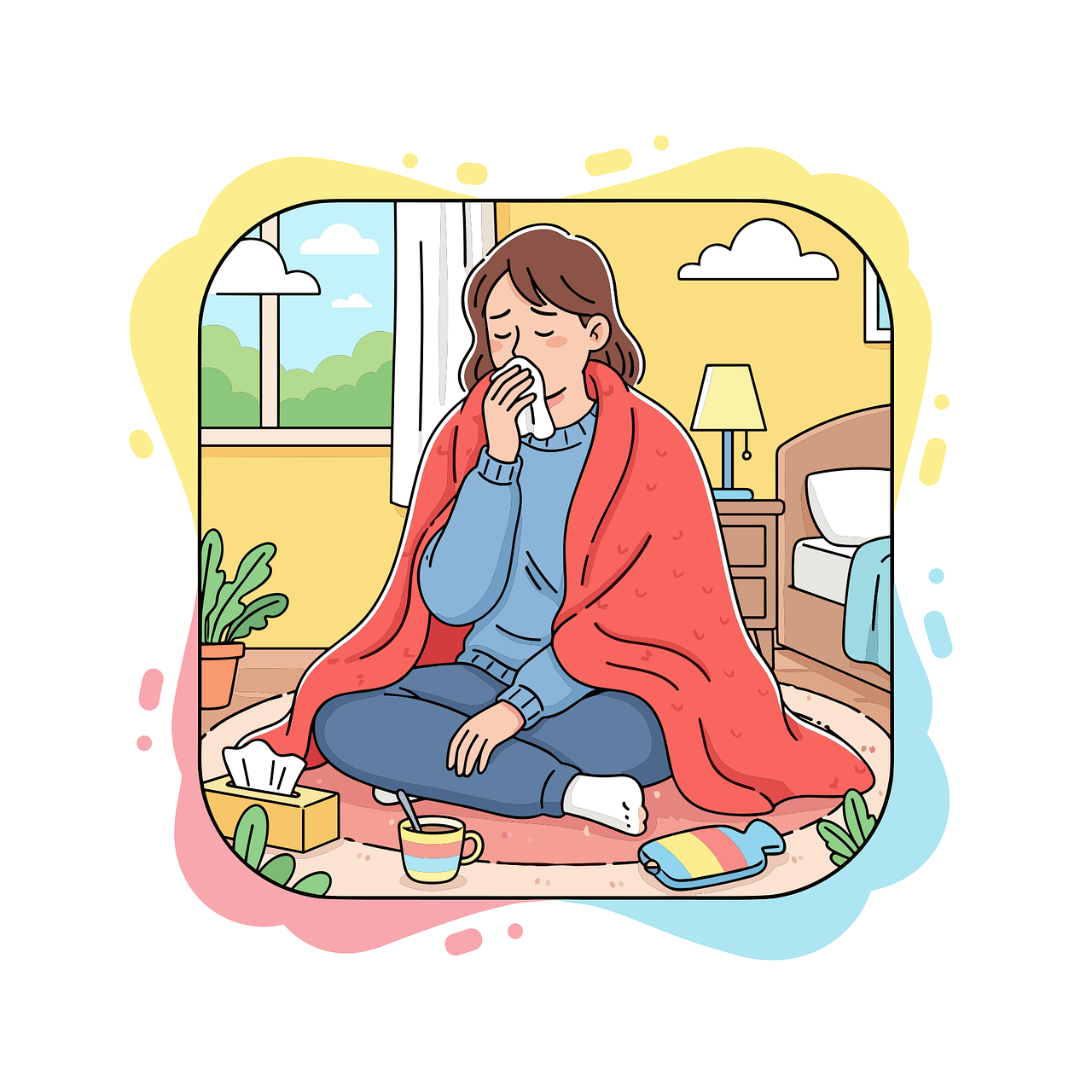 Download Sick Woman Illustration, Home Illness, Flu Symptoms. Royalty ...