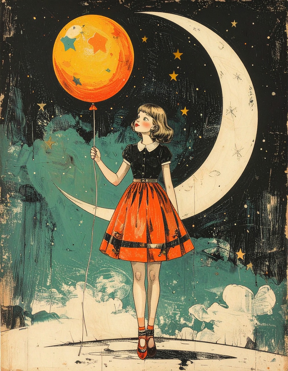 Download Little Girl, Balloon, Half Moon. Royalty-Free Stock ...