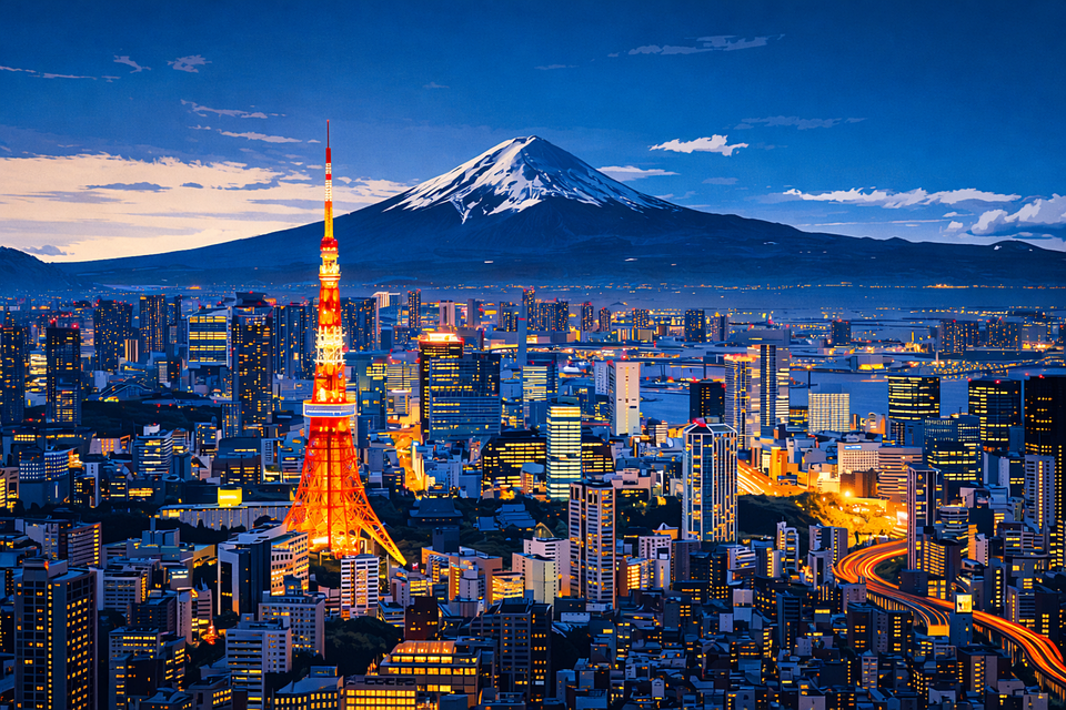 Download Tokyo Skyline Night, Tokyo Tower Illuminated, Mount Fuji View ...