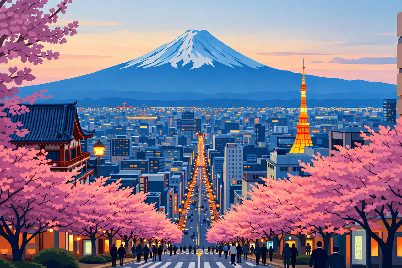 Download Tokyo Skyline Sakura, Tokyo Tower Sunset, Mount Fuji View ...