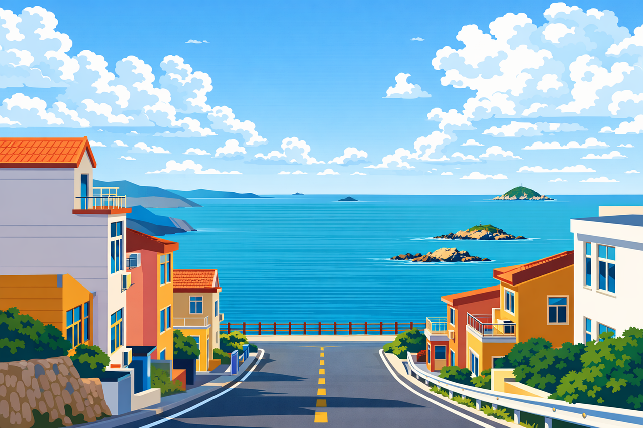 Download Coastal Town Street, Seaside Village View, Ocean Horizon ...